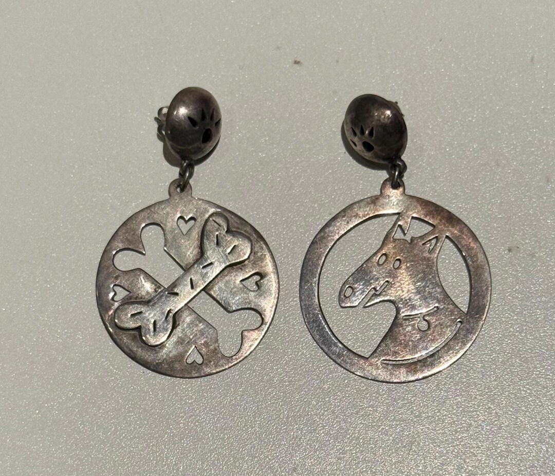 Whimsical Vintage Sterling Silver Dog & Doggie Bone Pierced Dangling ...