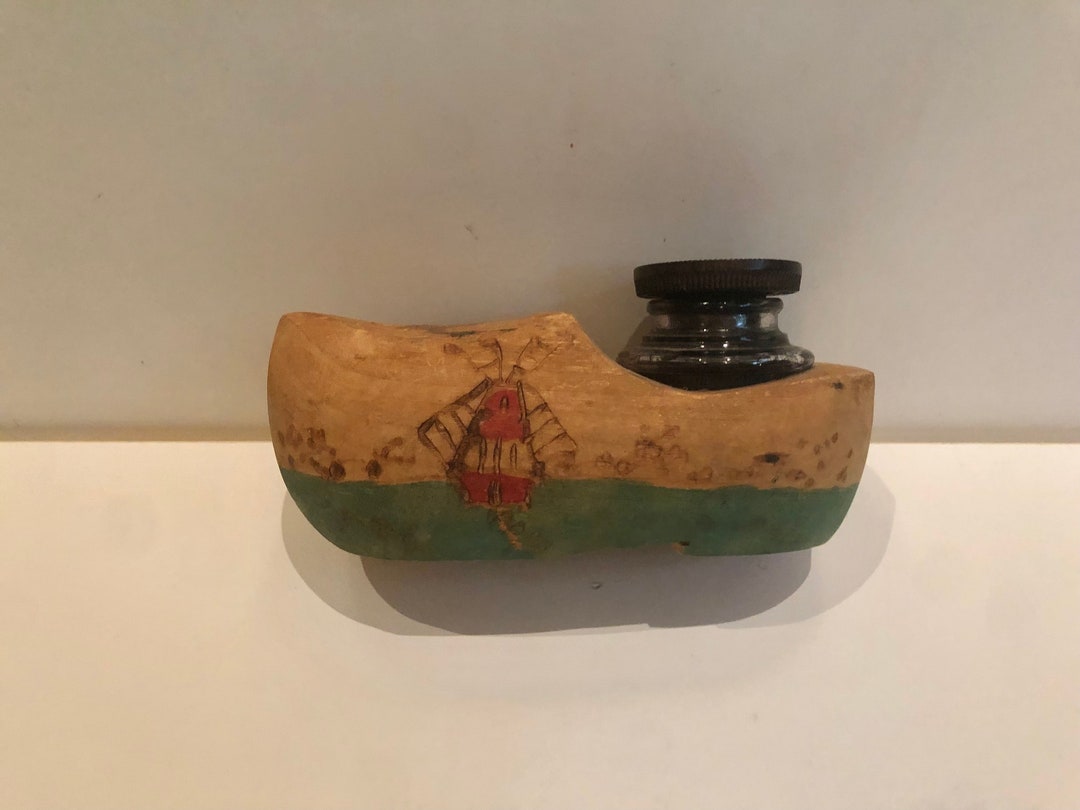 Vintage Figural Wooden Dutch Clog Inkwell Bakelite Lid Handpainted ...