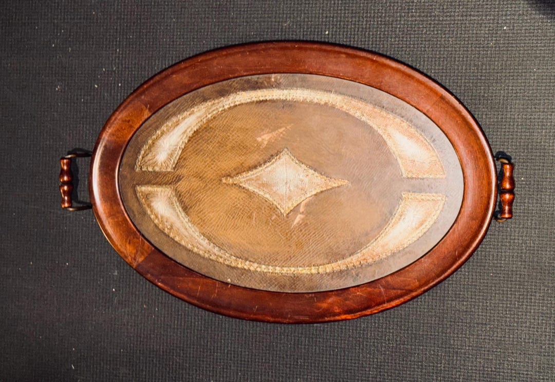 Large Vintage Oval Wood Inlay & Glass Serving Tray Drink Platter W ...