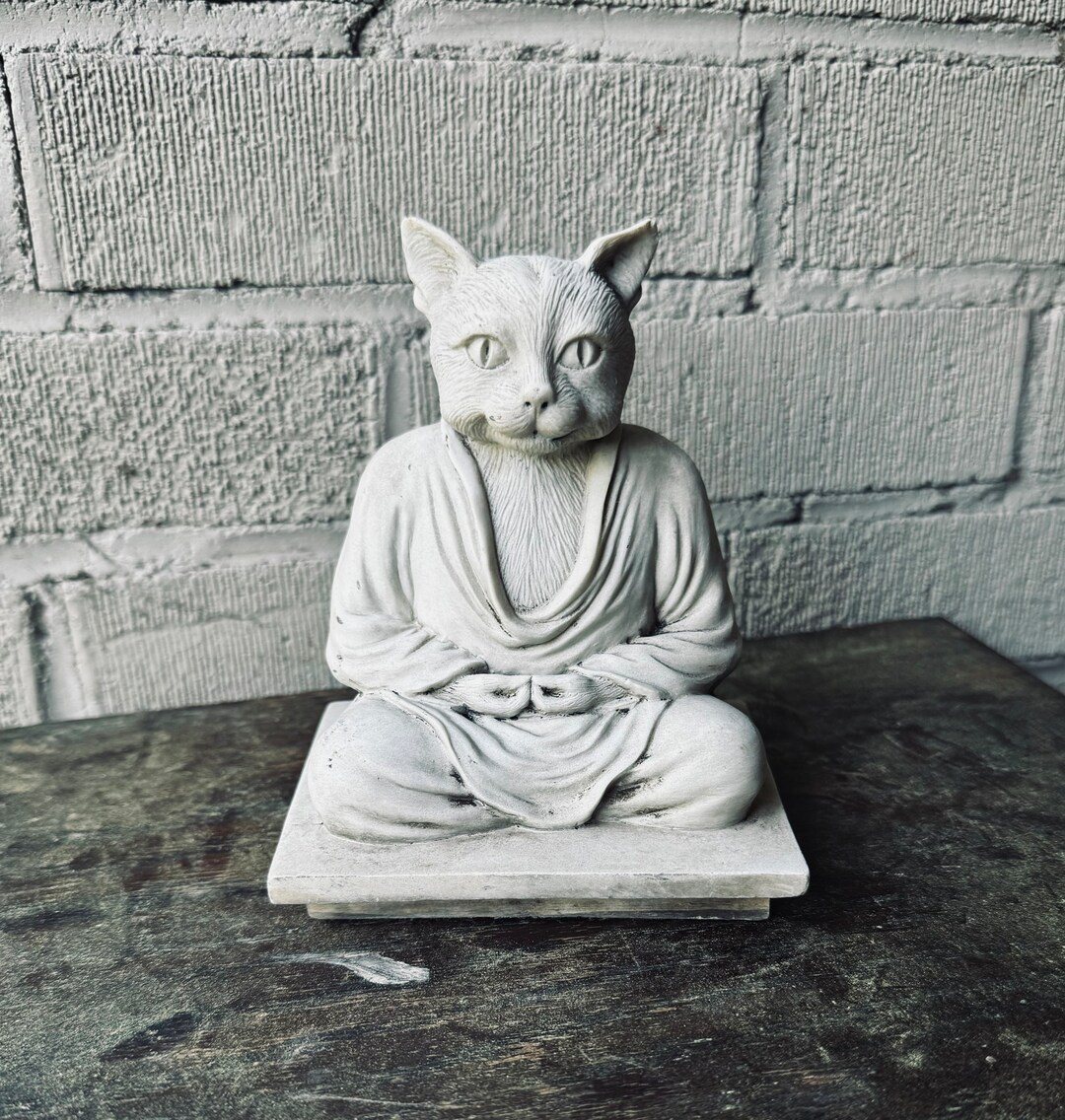Vintage Zen Cat Buddha Statue Kitty Bookend Lotus Position Gyana Mudra ...