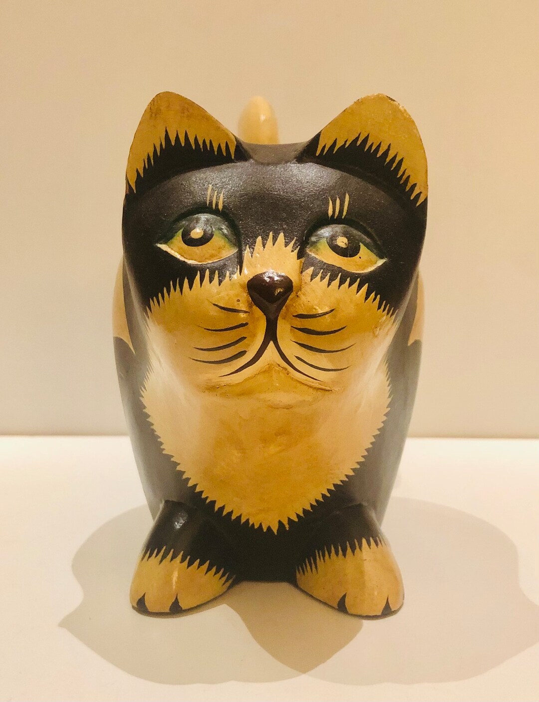 Vtg Laurel Burch Style Black & White Fat Tuxedo Cat Statue Green Eyed ...