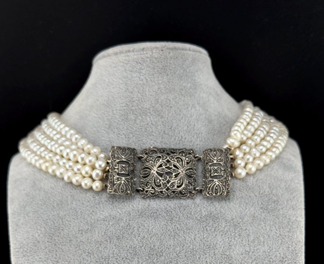 Vintage Edwardian Style 5 Strand Freshwater Pearl & Sterling Silver ...
