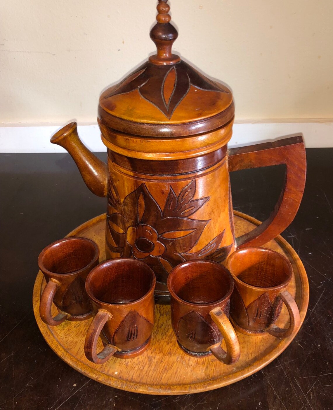 Carved Wooden Pitcher Set With Cups Tropical Floral Carving | Etsy