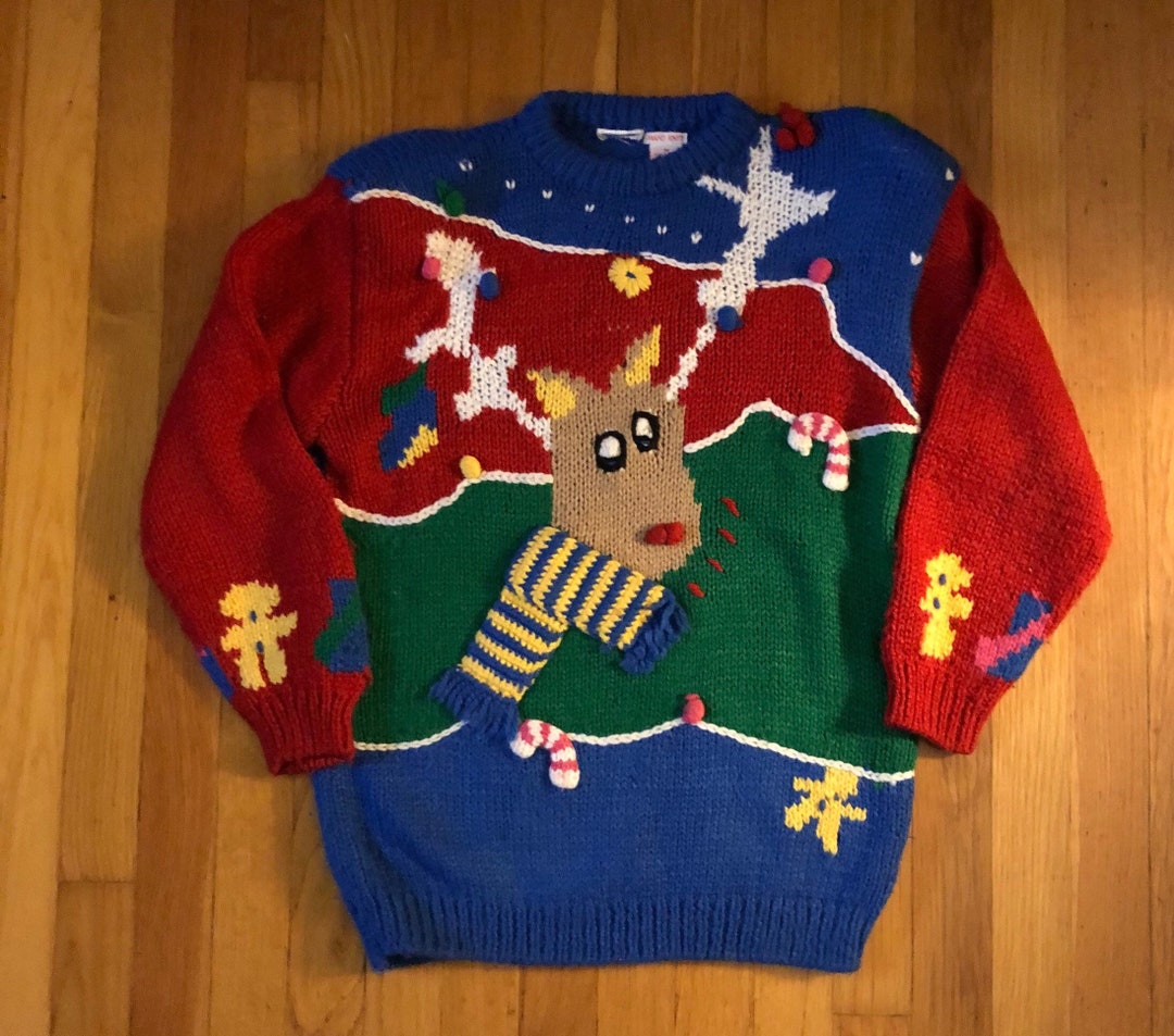 1989 Hand Knit Christmas Sweater Rudolph the Red Nosed Reindeer Ugly ...