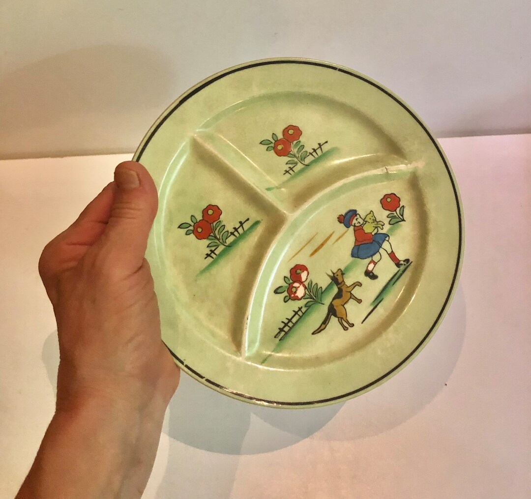 Adorable Antique Child's Plate Divided Dish Playful Scene Little Girl ...