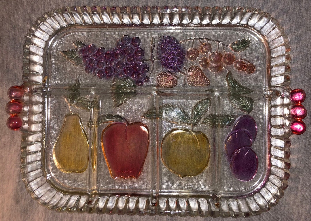 Vintage Reverse Painted Intaglio Glass Handled Platter W/ Colorful ...