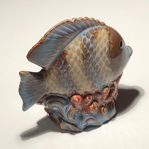 Lusterous Small Ceramic Fish Figurine Fish Swimming Waves Red Coral ...