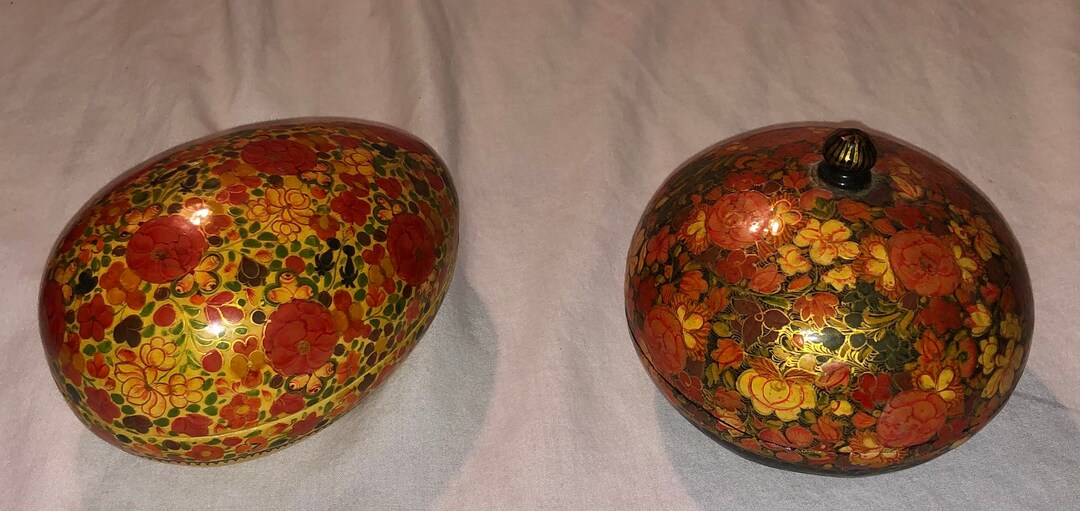 Pair! Vintage Hand Painted Paper Mache Egg and Round Handmade Trinket ...