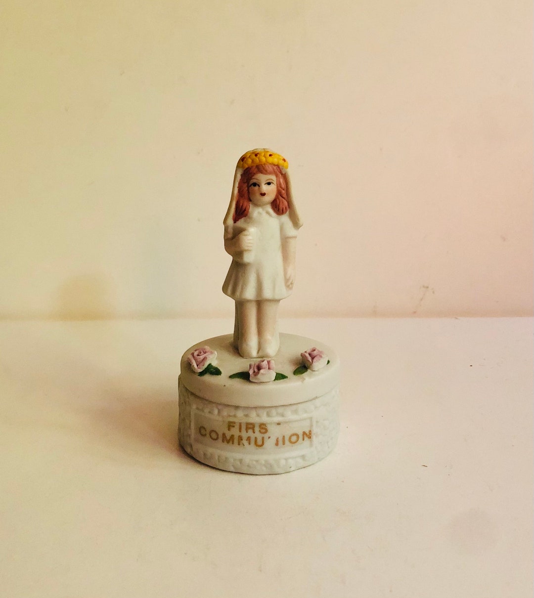 Adorable First Communion Trinket Box With Miniature Bible Figurine Fine ...