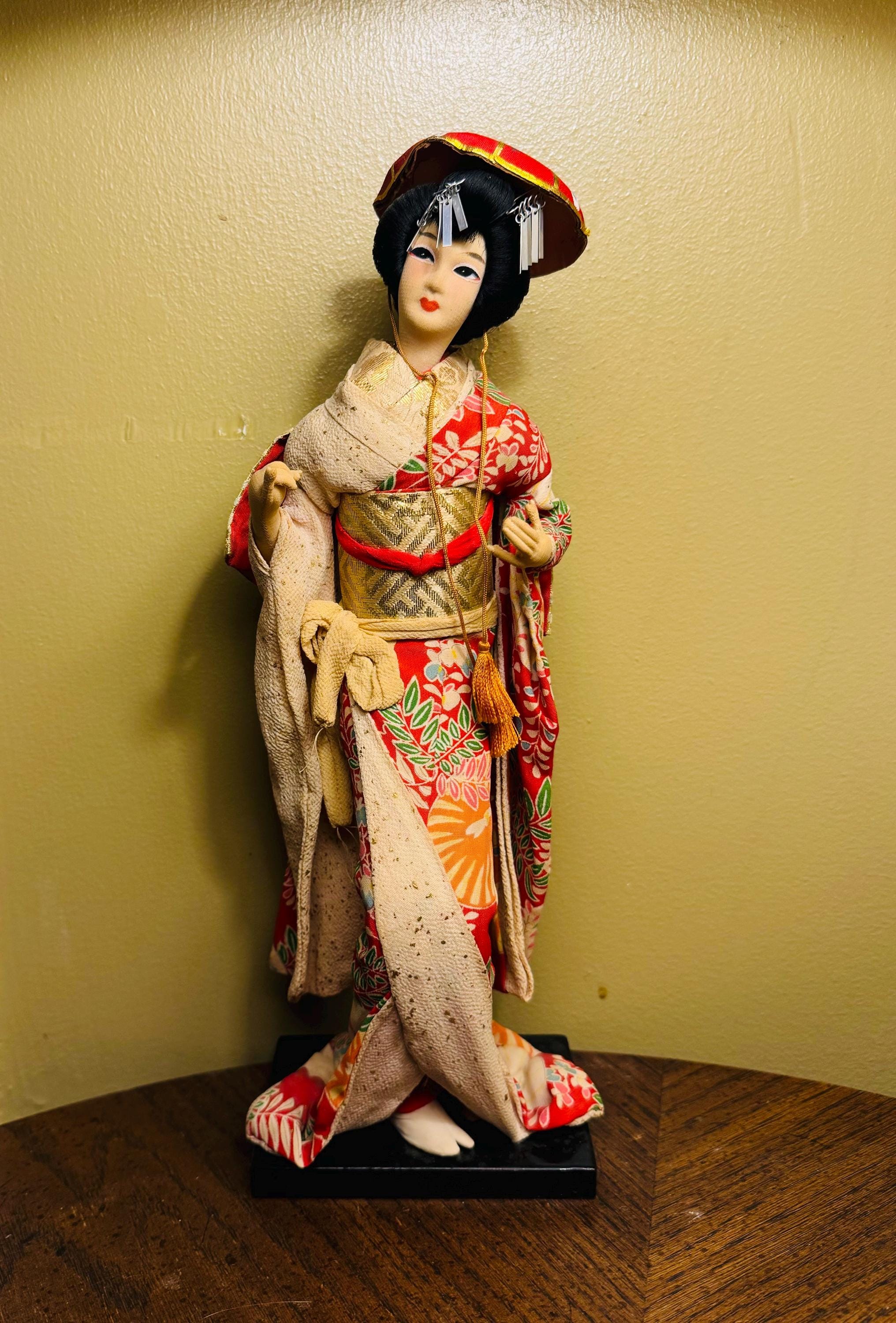 Vintage Japanese Geisha Girl Madame Art Doll Silk Floral Red Brocade ...
