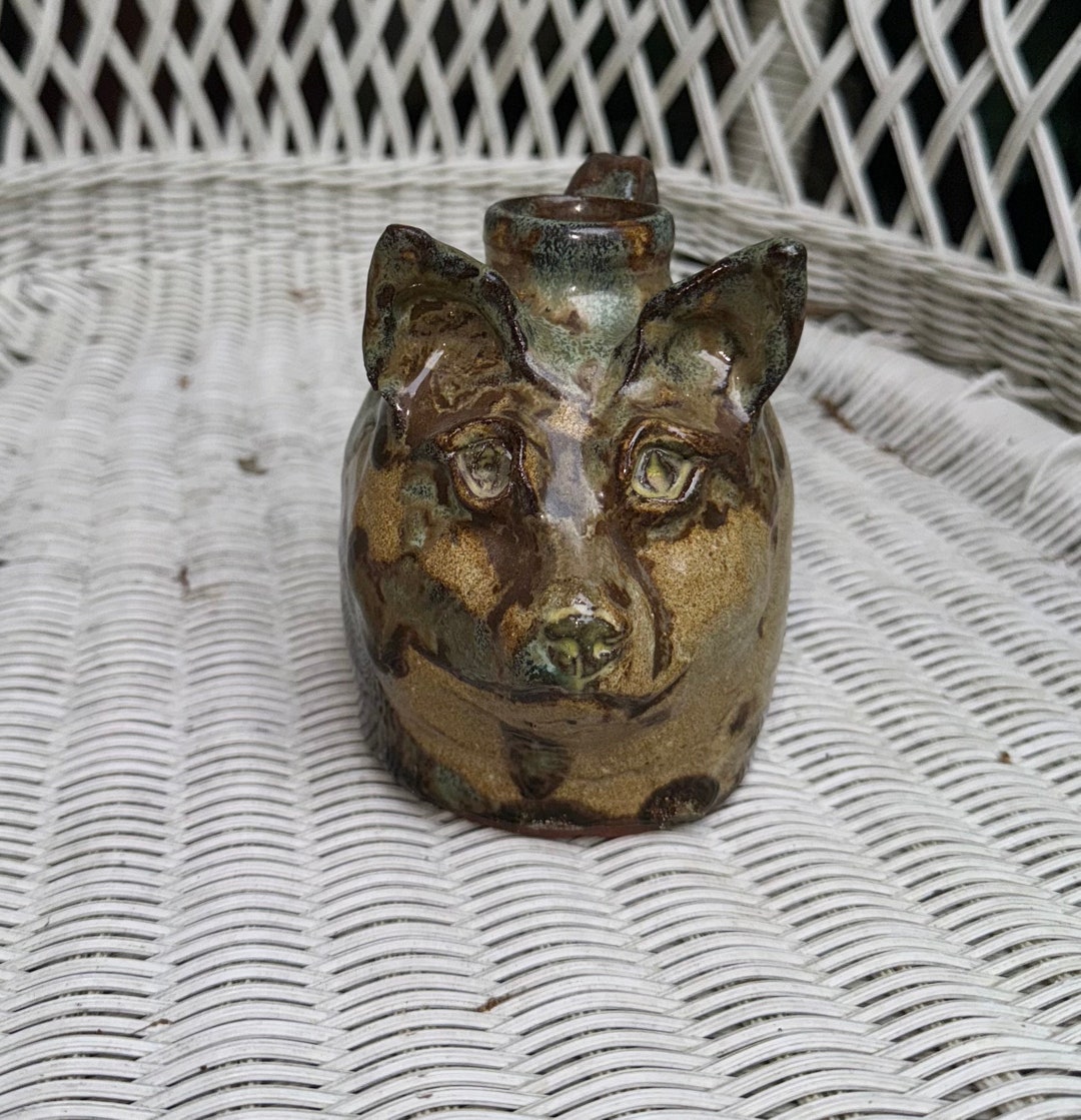 Vintage Ceramic Grotesque Folk Art Wolf Dog Face Jug Crock W Handle ...