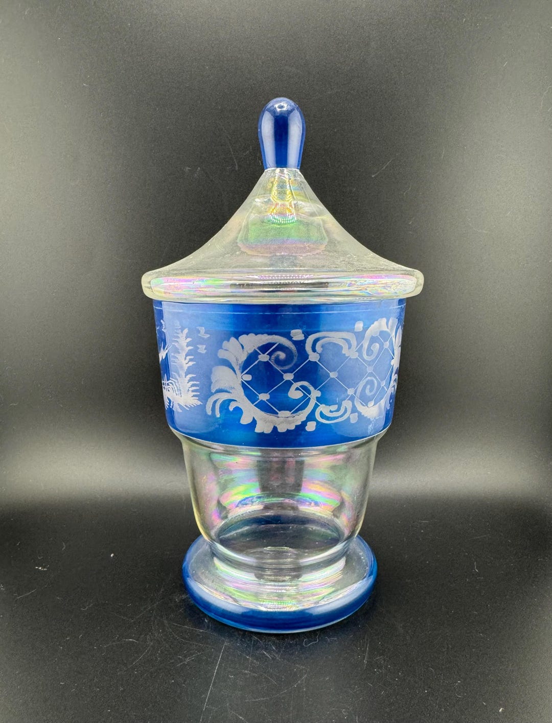 Unusual Vintage Etched Apothecary Style Lidded Candy Dish Cut to Clear ...