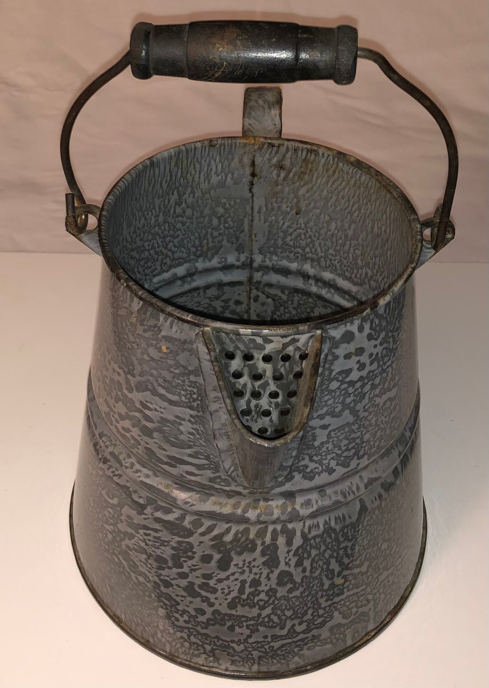 Vintage Grey Enamel Graniteware Kettle Cowboy Coffee Pot Metal & Wood ...