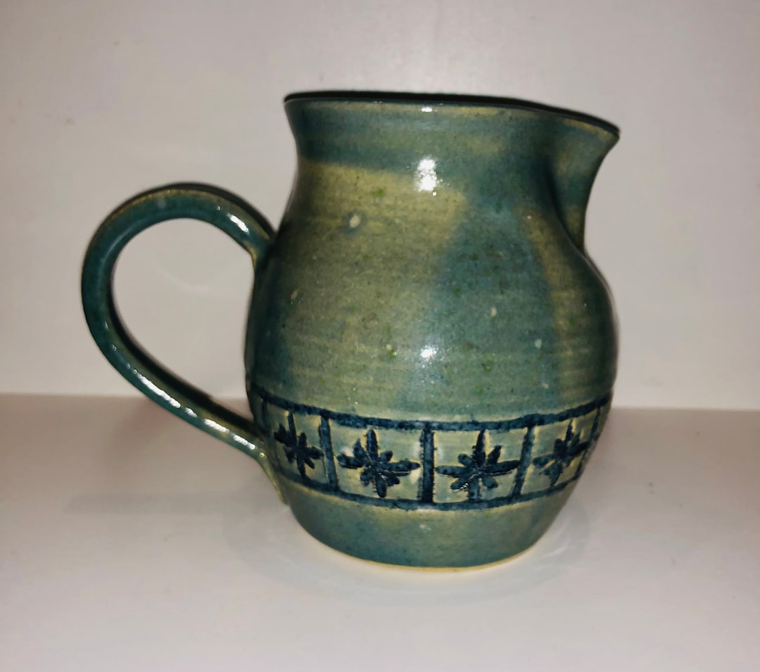 Vintage Signed Studio Pottery Juice Pitcher Pinched Spout Bonita Blue ...