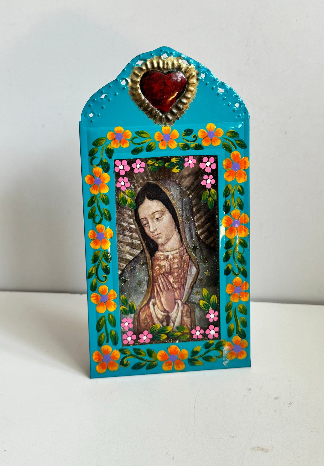 Beautiful Mexican Folk Art Sacred Heart of Mary Shrine Madonna Metable ...