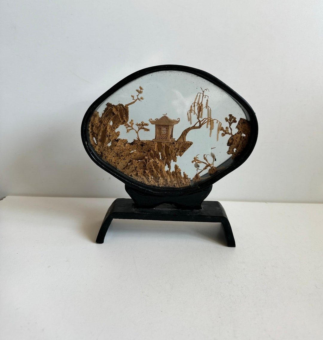 Intricate Vintage Handmade Asian Cork Carving Diorama Sculpture 3D ...