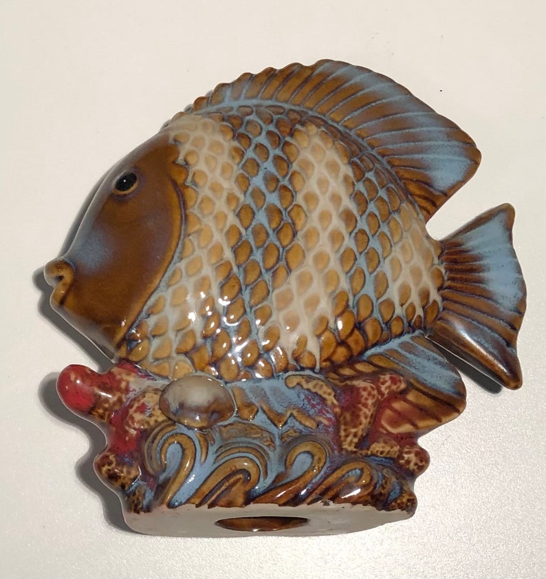 Lusterous Small Ceramic Fish Figurine Fish Swimming Waves Red Coral ...