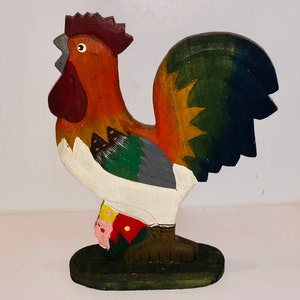 Fun Hand Carved Wooden Rooster Statue Hand Painted Southern Folk Art ...