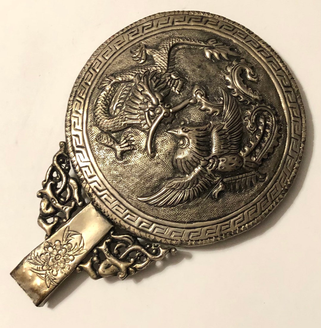 Antique Chinese Hand Mirror Ornate Metal Work Winged Creature and ...