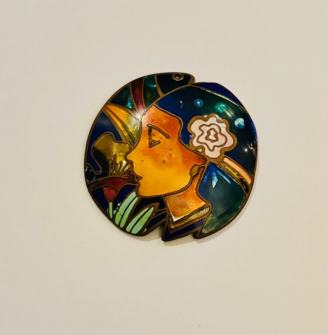 Vintage David Kuo Champleve Pendant Woman With Flower in Hair One of a ...