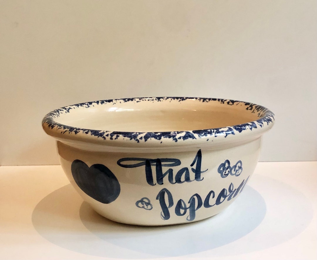 Vintage Ceramic Spatterware Popcorn All Gone! Bowl Blue & White Bowl ...