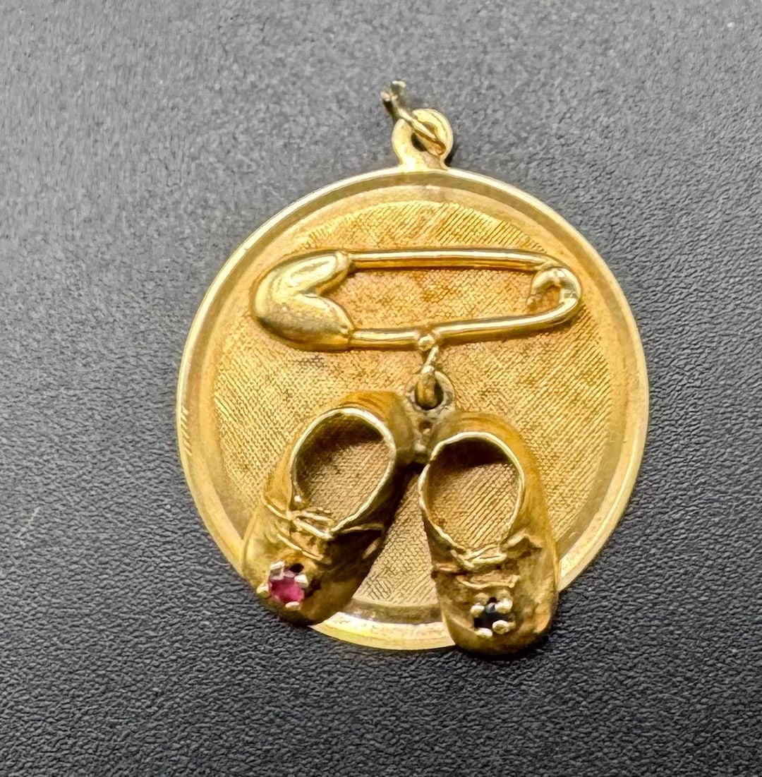 Vtg 14K Gold Baby Shoes Diaper Pin Charm Pendant W Ruby Sapphire for ...