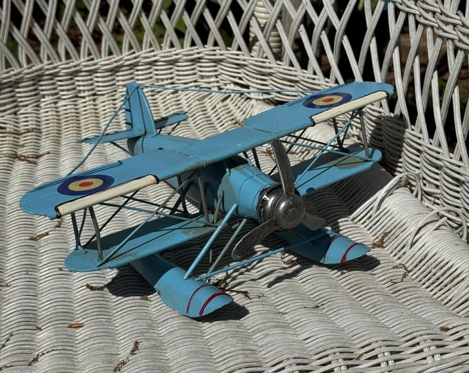 Fun Vintage Blue Metal Model Airplane Retro Military Plane WWII Biplane ...