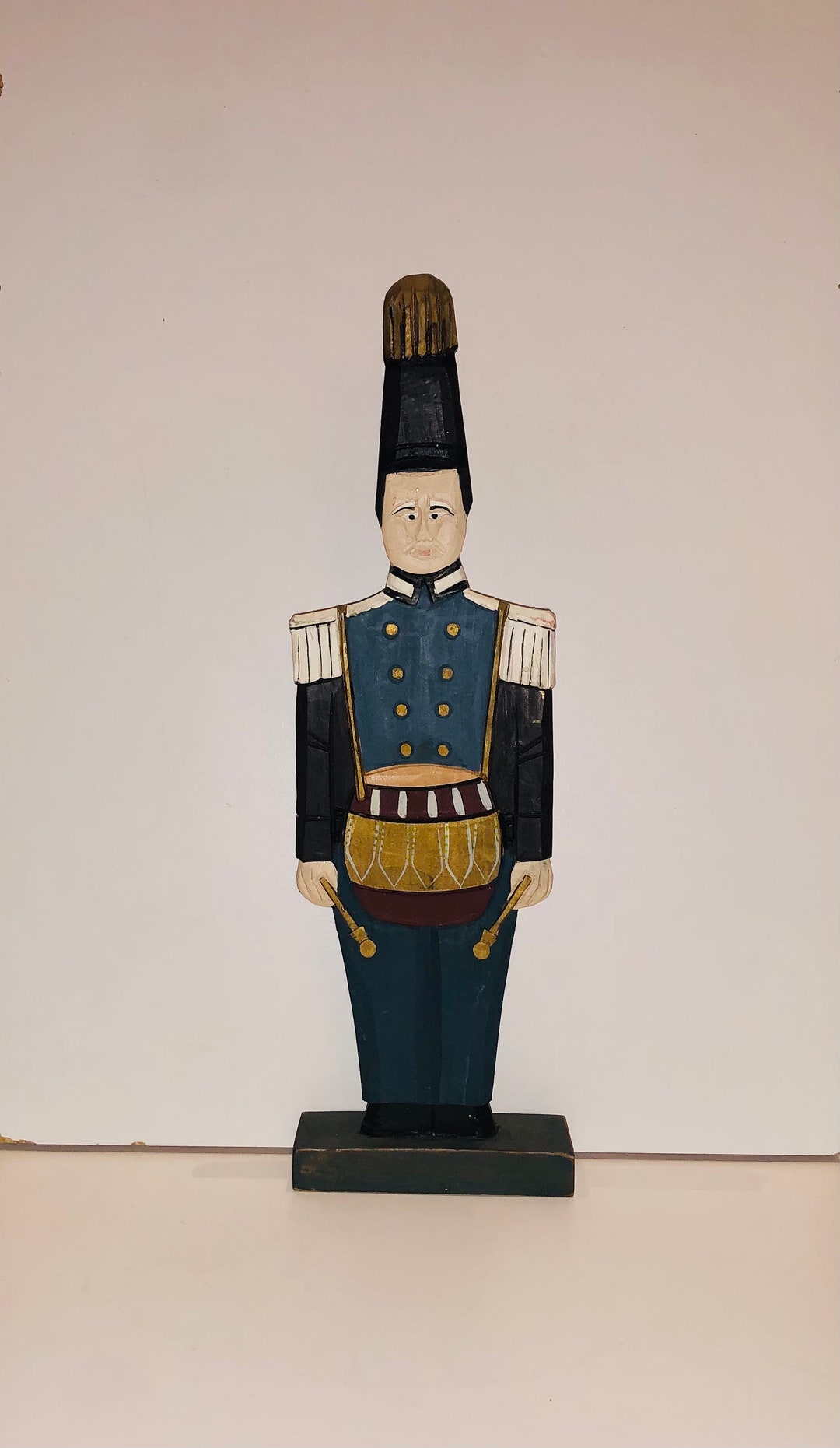 Vintage Handmade Folk Art Wooden Drum Major Carved Statue Wood Toy ...