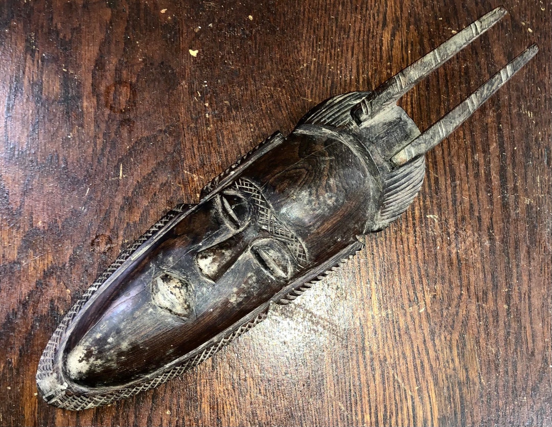 Antique Carved African Mask With Horns Sculpture Wall Hanging Tribal ...