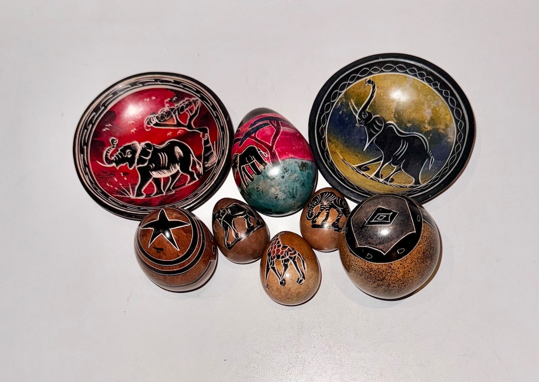 Vintage African Kisii Soapstone Egg Carvings Safari Animal Bowl Figurines Collection Elephants ...