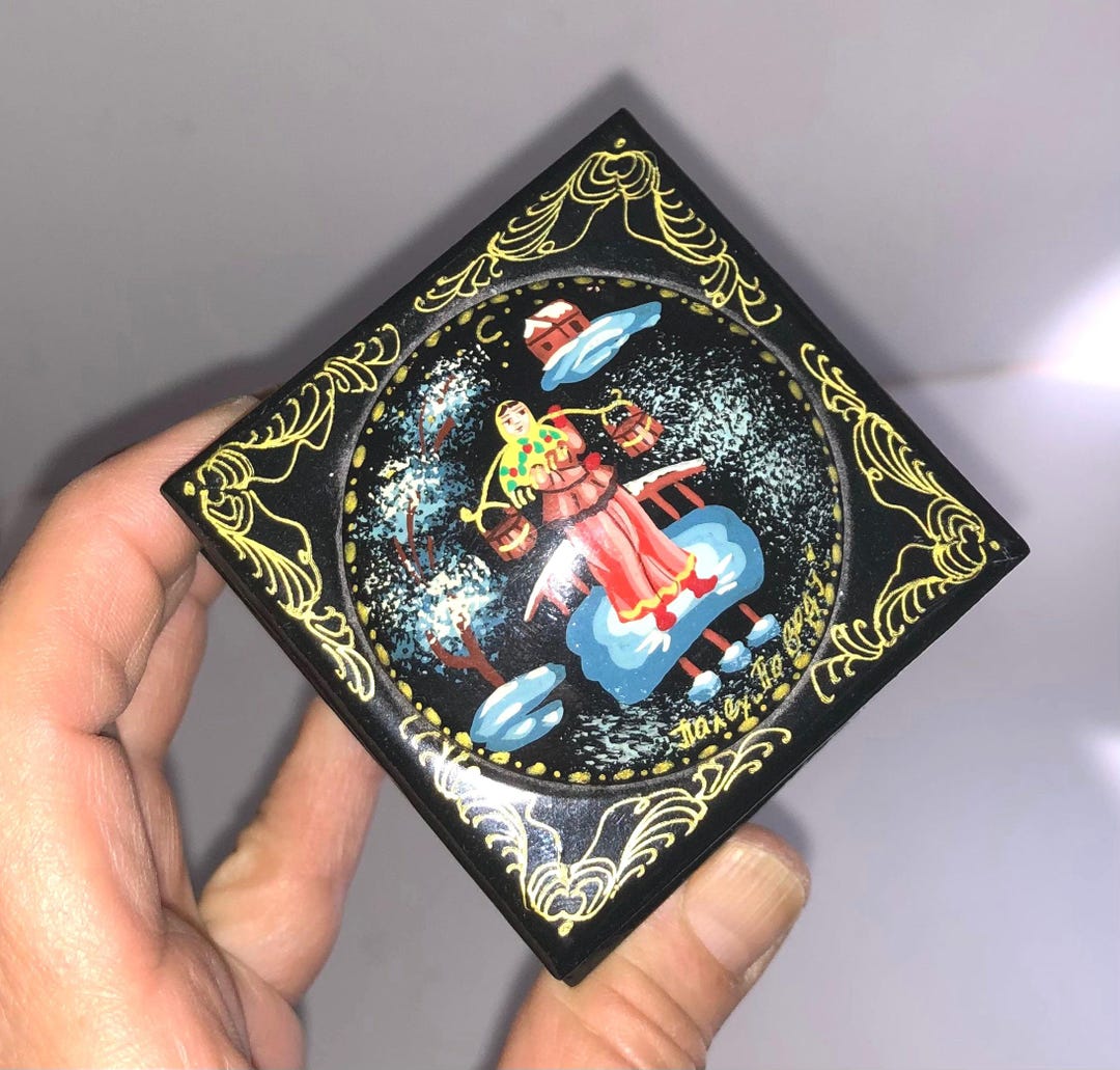 Miniature Russian Lacquerware Double Decker Trinket Box Artist Signed ...