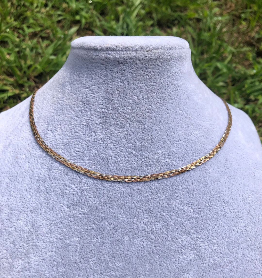 Elegant Vintage 14K Italian Braided Tricolor Gold Choker Necklace Chain ...