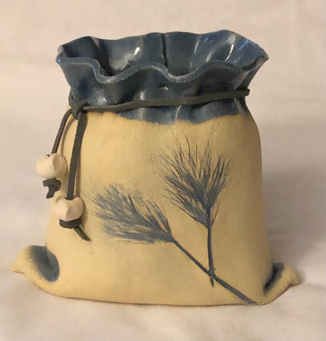 Vintage Art Pottery Ceramic Vase Natural Fern Design Blue Denim and ...