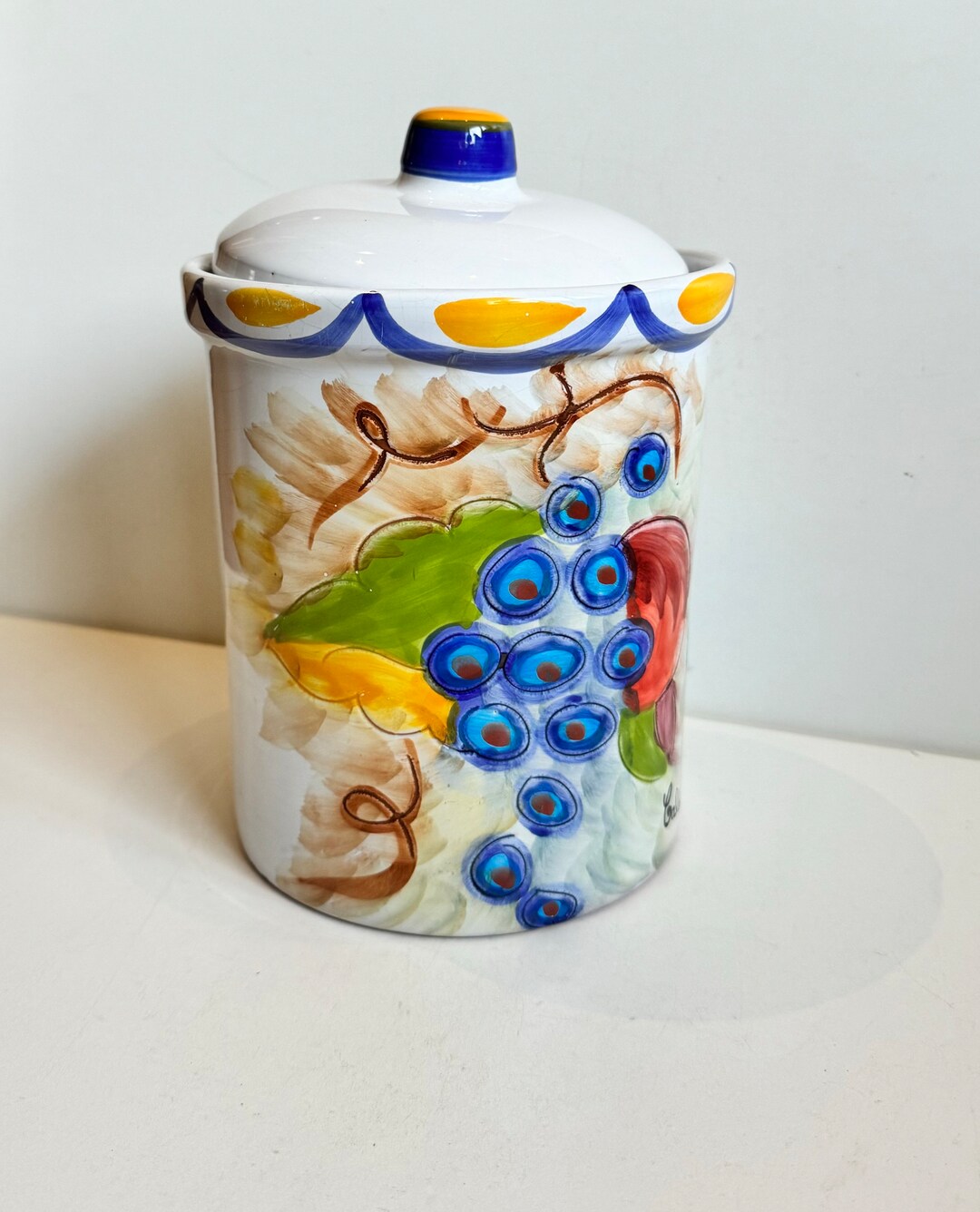 Vtg Portuguese Redware Kitchen Canister Hand Painted Grapes Fruits ...