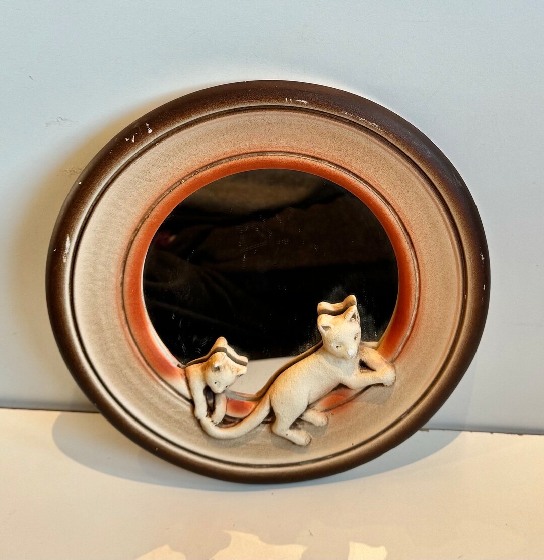 Vintage Greg Dixon Sculptured Dimensions Round 3D Kitty Cat Wall Mirror ...