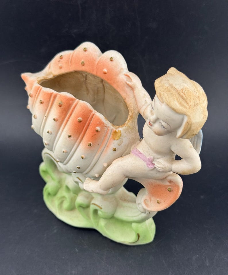 Vintage Occupied Japan Bisque Porcelain Angel Cherub Vase Putti Holding ...