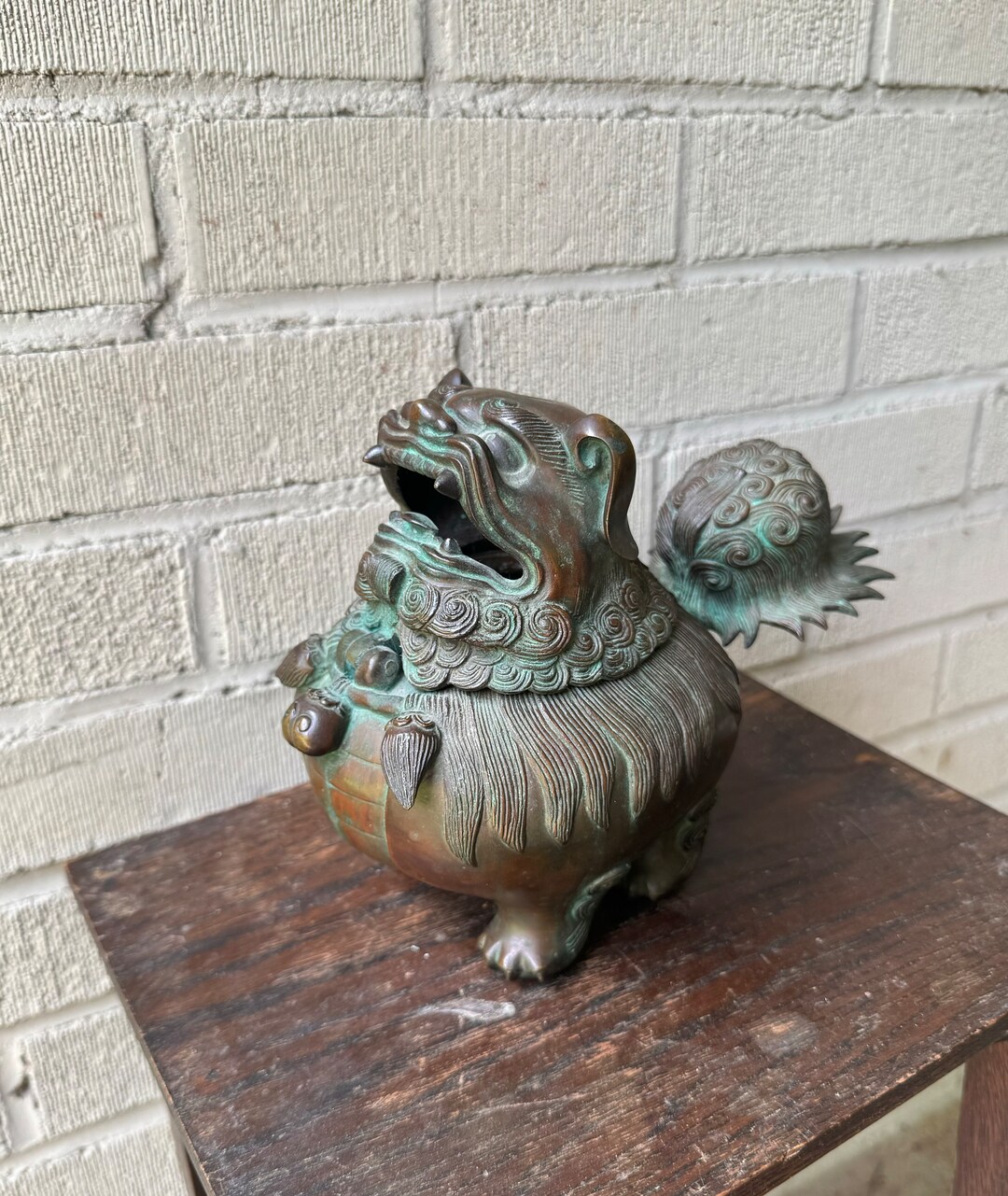 Antique Bronze Chinese Foo Dragon Incense Burner Mythological Foo Dog Censer Fu Lion Zun Beast ...