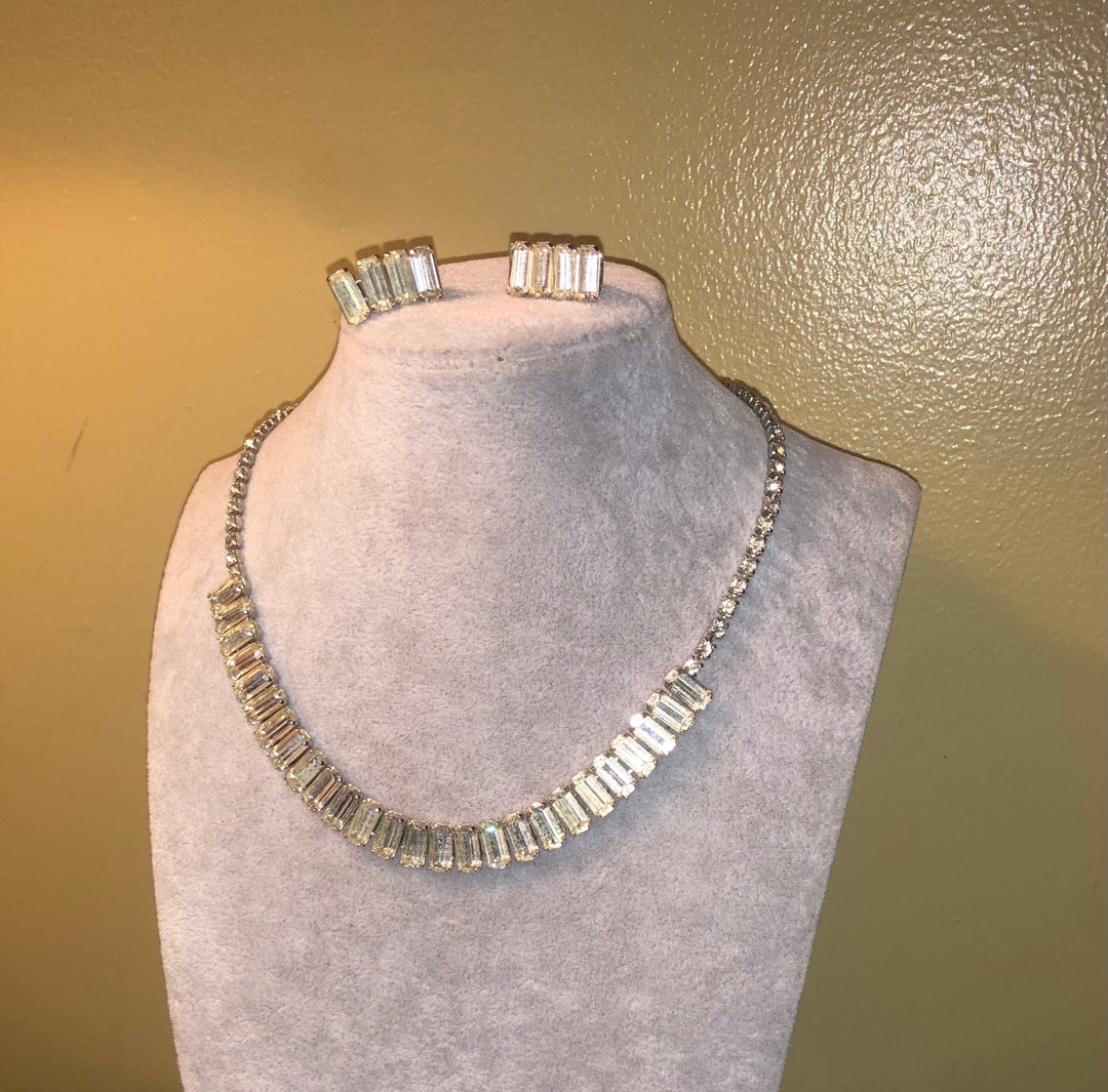 Elegant Mid Century Vintage Rhinestone Baguette Choker Necklace & Earrings Set Demi Parure ...