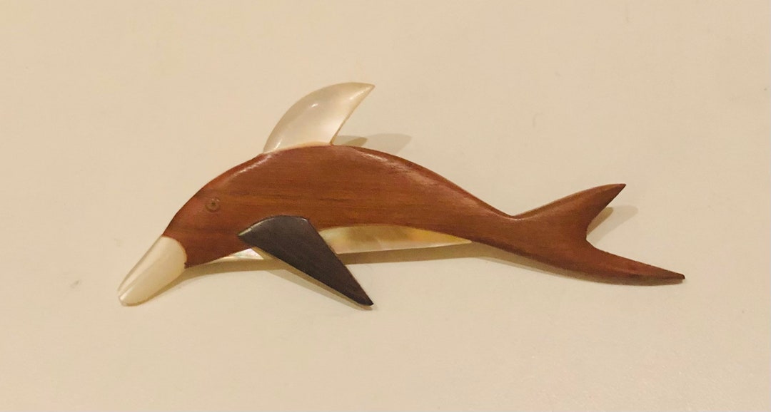 Vintage Dolphin Brooch Mother of Pearl Inlay W Exotic Wood Marquetry ...