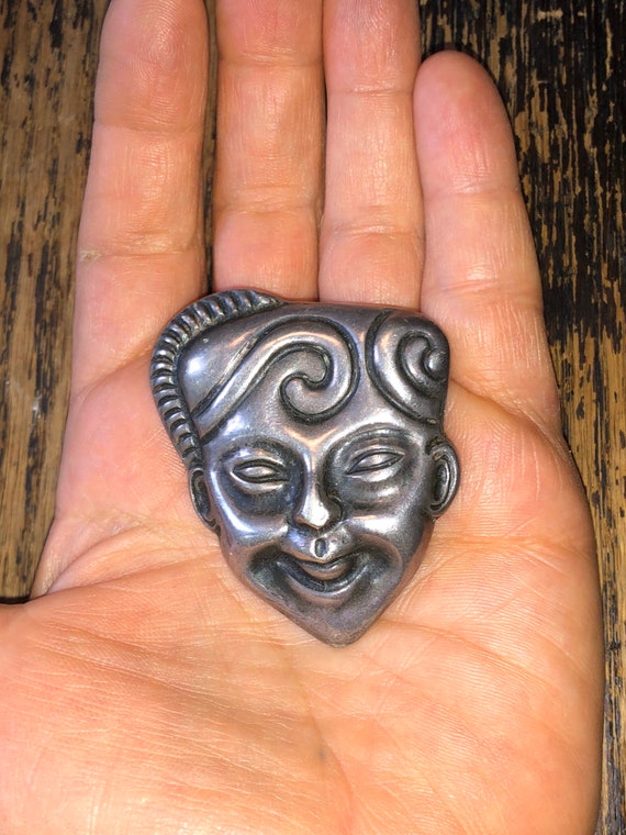 Vintage Mayan Tribal Mask Mexican Sterling Brooch Sil… - Gem