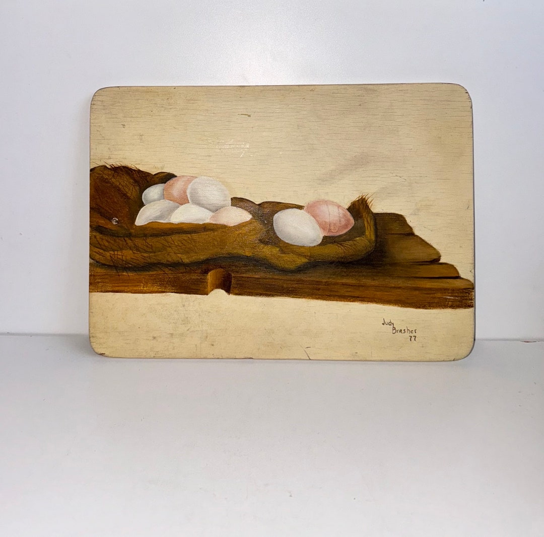 Vintage Still Life Farm Eggs Nest Primitive Folk Art Painting on Wood ...