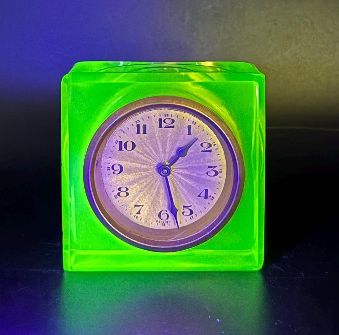 Vintage Art Deco Uranium Glass Miniature Clock Glows! Mid Century Cube ...