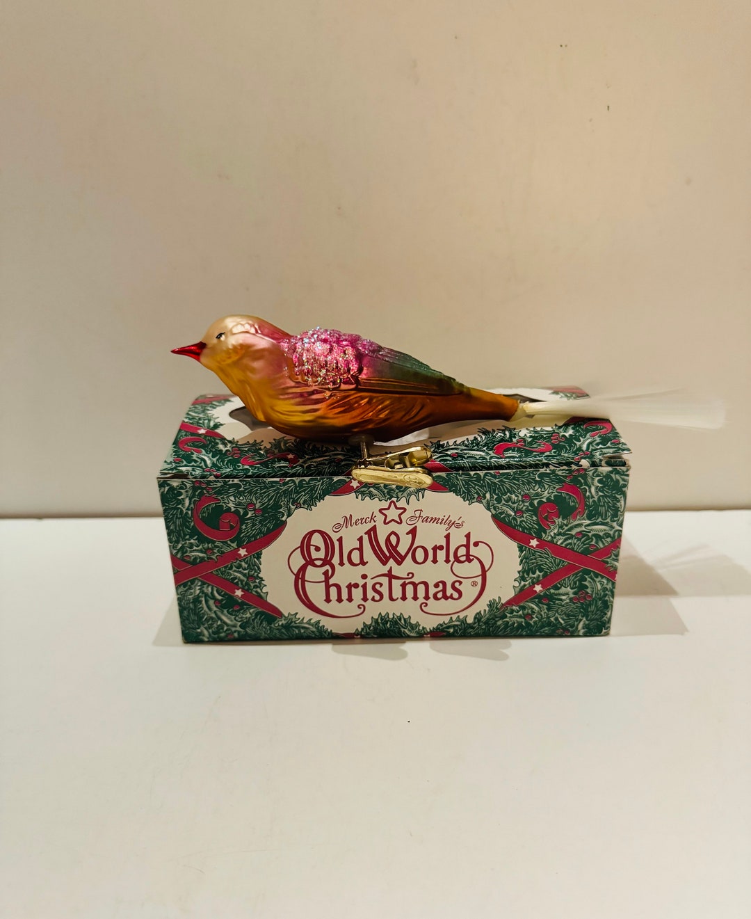 Old World Christmas Pink Green Glitter Bird Glass Clip Ornament Merck ...