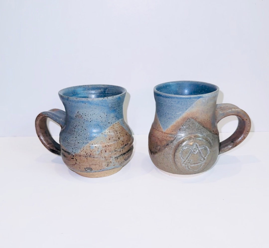 Gorgeous Pair of Matching Hand Built Ceramic Mugs Drip Glaze Earthtones ...