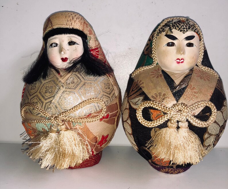 Vtg Japanese Princess Himedaruma Wedding Dolls Gofun Face Roly Poly ...