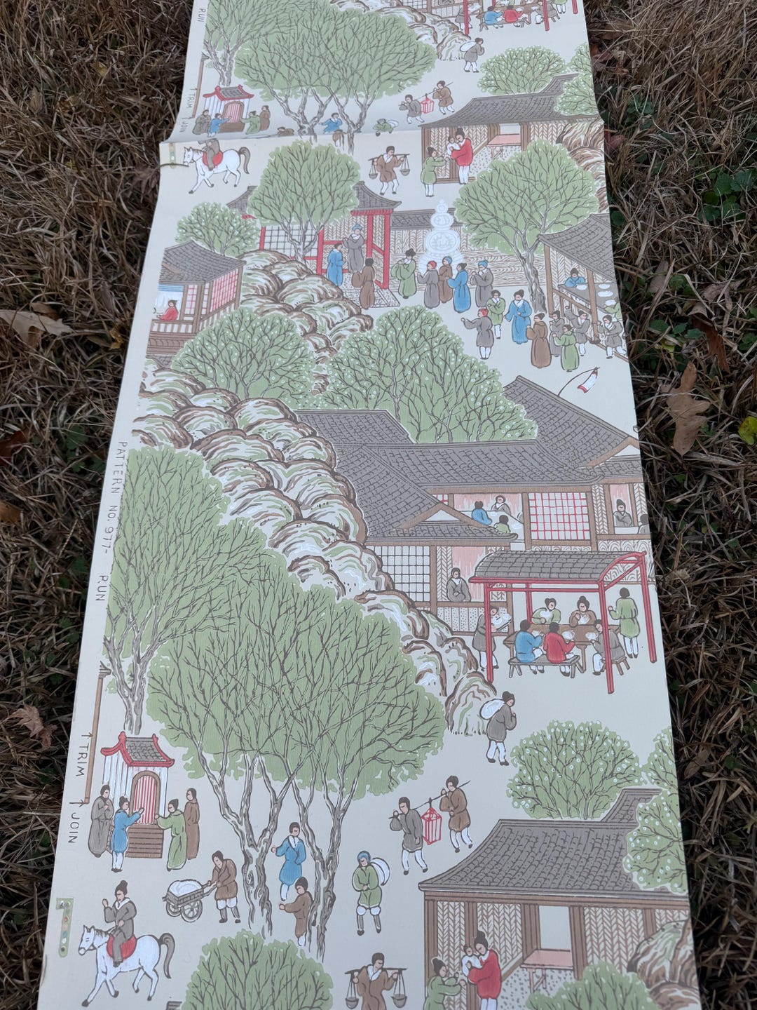 Vintage Roll Asian Themed Wallpaper Chinoiserie Beautiful Village Scene ...
