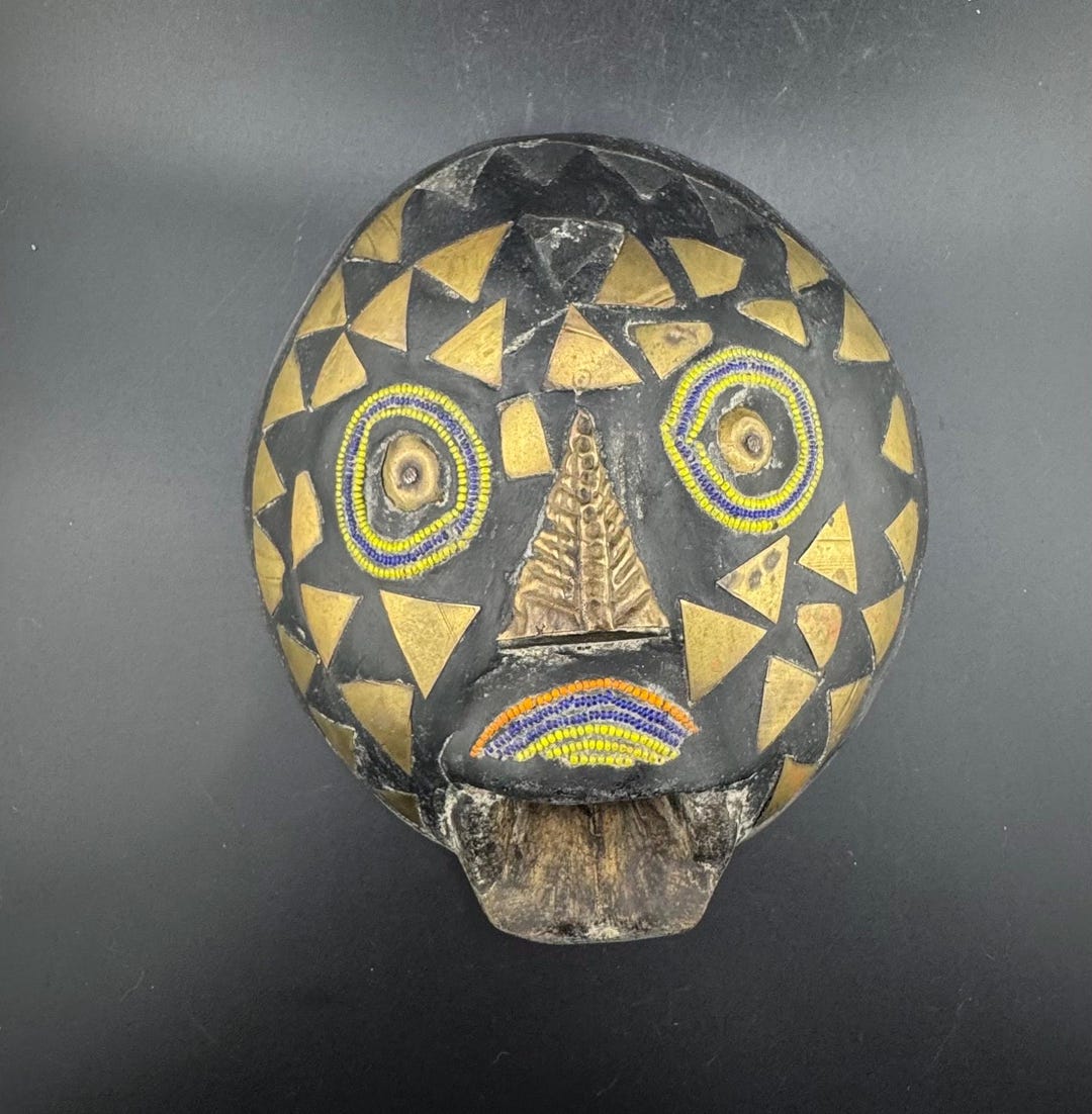 Vtg Carved Wooden African Moon Mask Sculpture Wall Hanging Beadwork ...