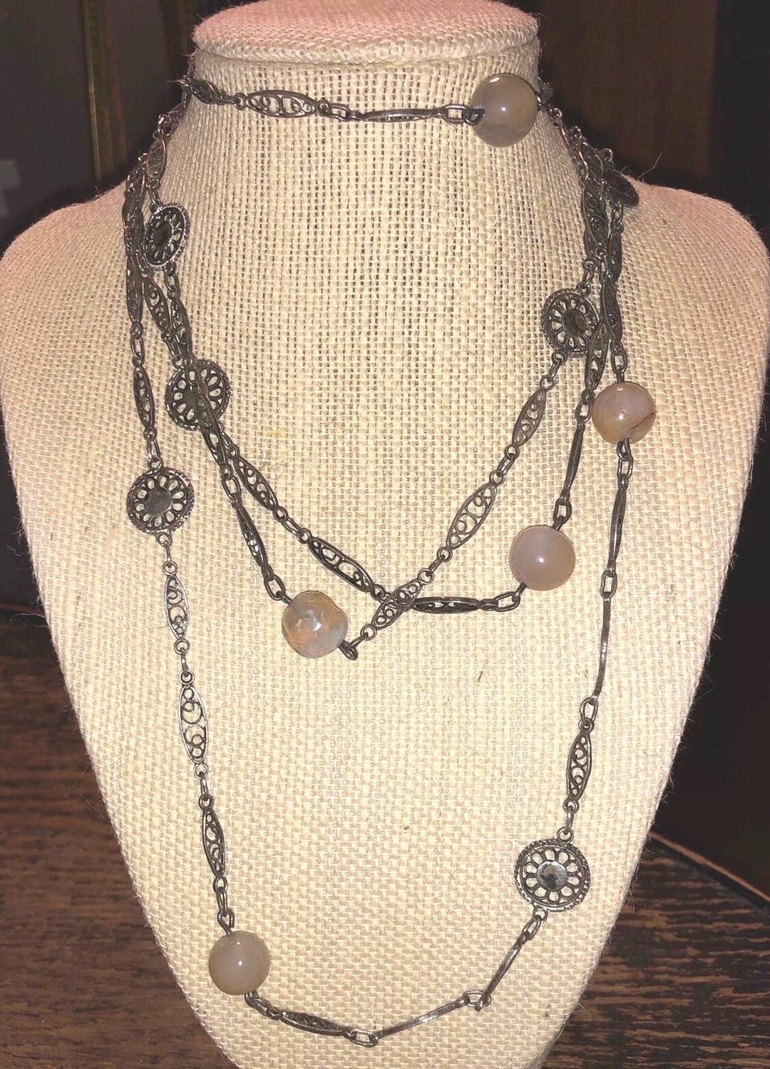 Israeli Brutalist Filigree Necklace Vintage Agate Chain Flapper ...