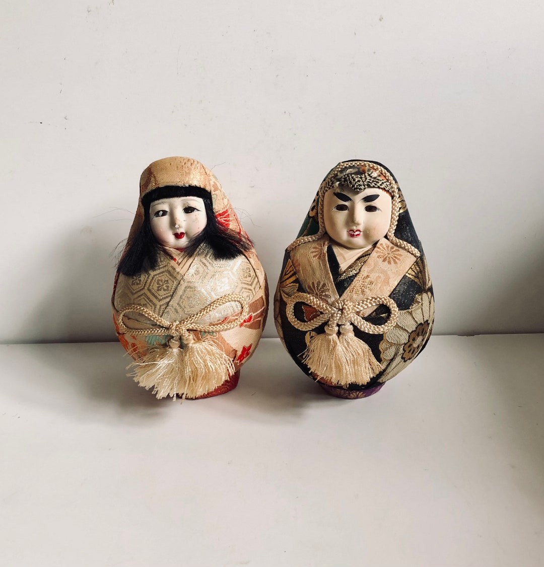 Vtg Japanese Princess Himedaruma Wedding Dolls Gofun Face Roly Poly ...