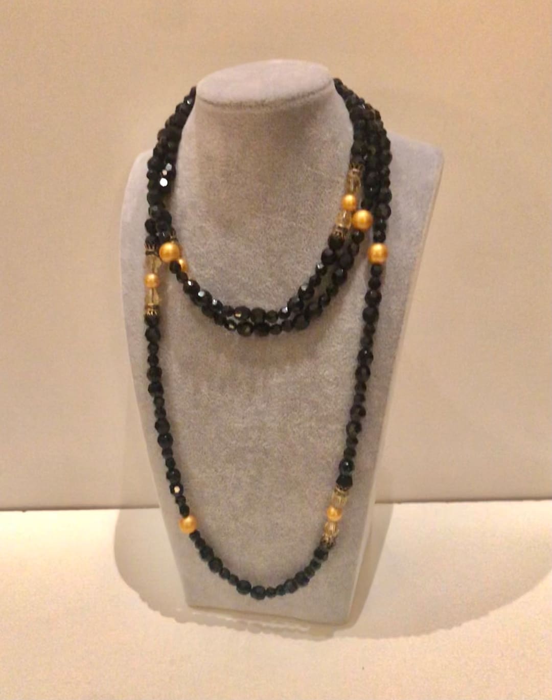 Antique Black Jet Glass Beaded Crystal Necklace 60" Faceted Flapper ...